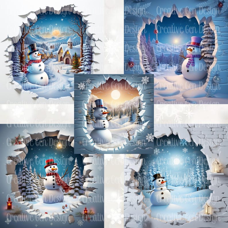 Snowman Snow Wall Scenes | Digital Paper Pack | Christmas Scene ...