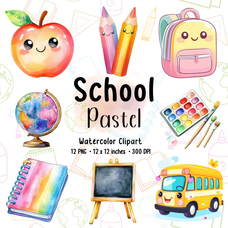 Pastel School Supplies Clipart: Watercolor Kawaii PNG Bundle (digital ...