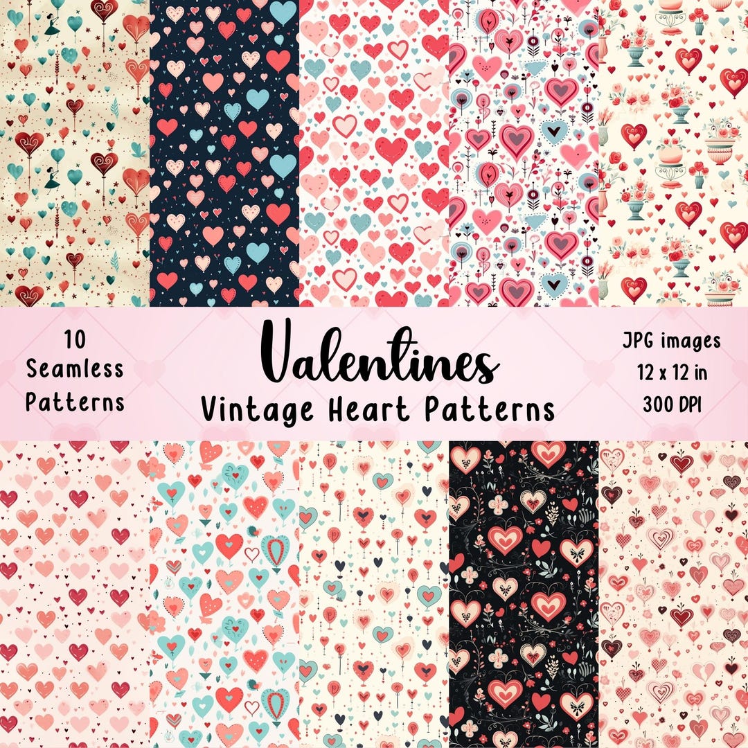Vintage Heart Patterns: Valentine's Day Seamless Digital Paper (JPG ...