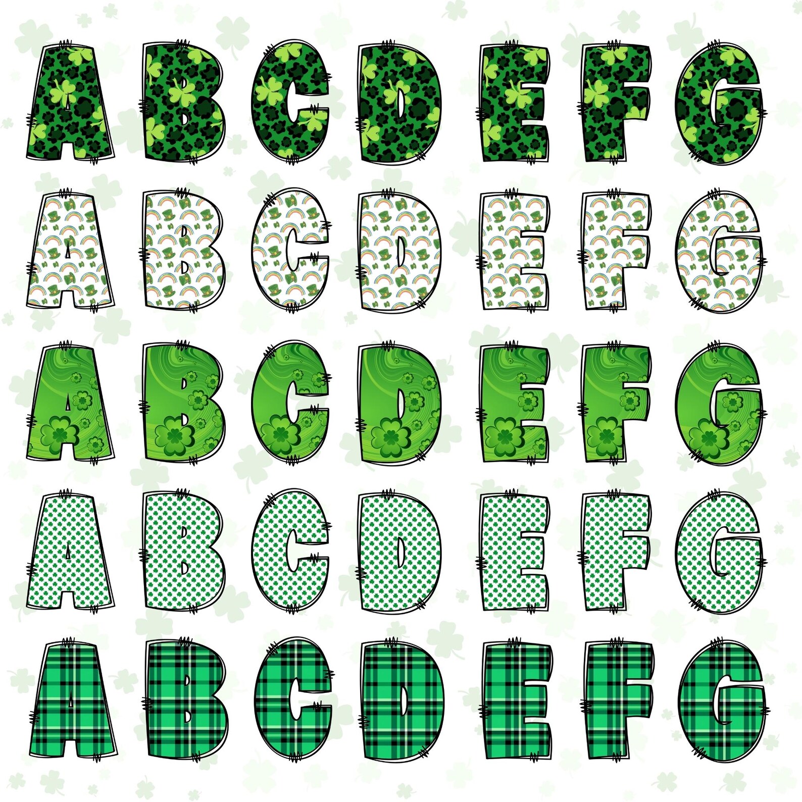 St-patrick's Day Doodle Alphabet Clipart: Shamrock Letters (PNG Digital ...