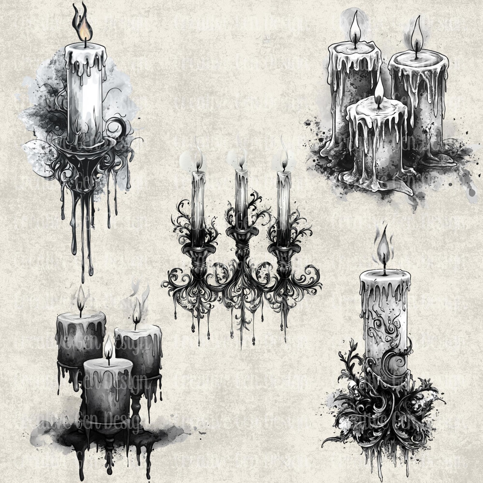Gothic Halloween Candles Clipart: Black & White Watercolor PNG (digital ...
