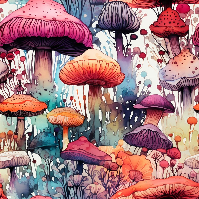 Alcohol Ink Mushroom Fungi Digital Paper Seamless Pattern, 12x12 ...