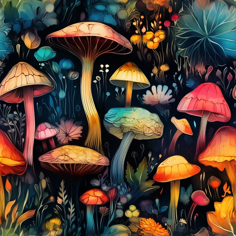 Alcohol Ink Mushroom Fungi Digital Paper Seamless Pattern, 12x12 ...