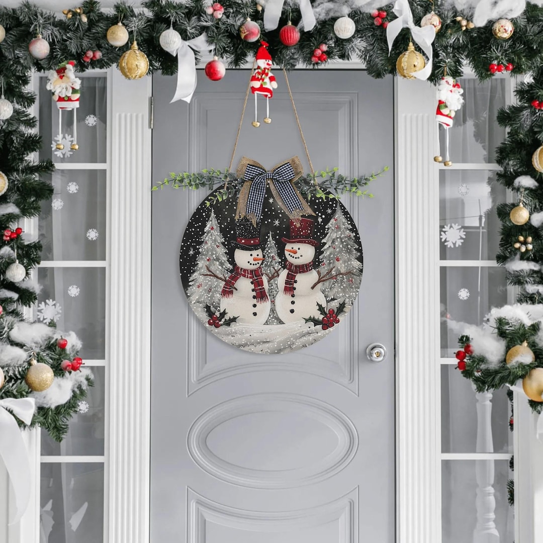 Snowman Winter Door Sign Round Acrylic Christmas Hanger Rustic Cabin ...