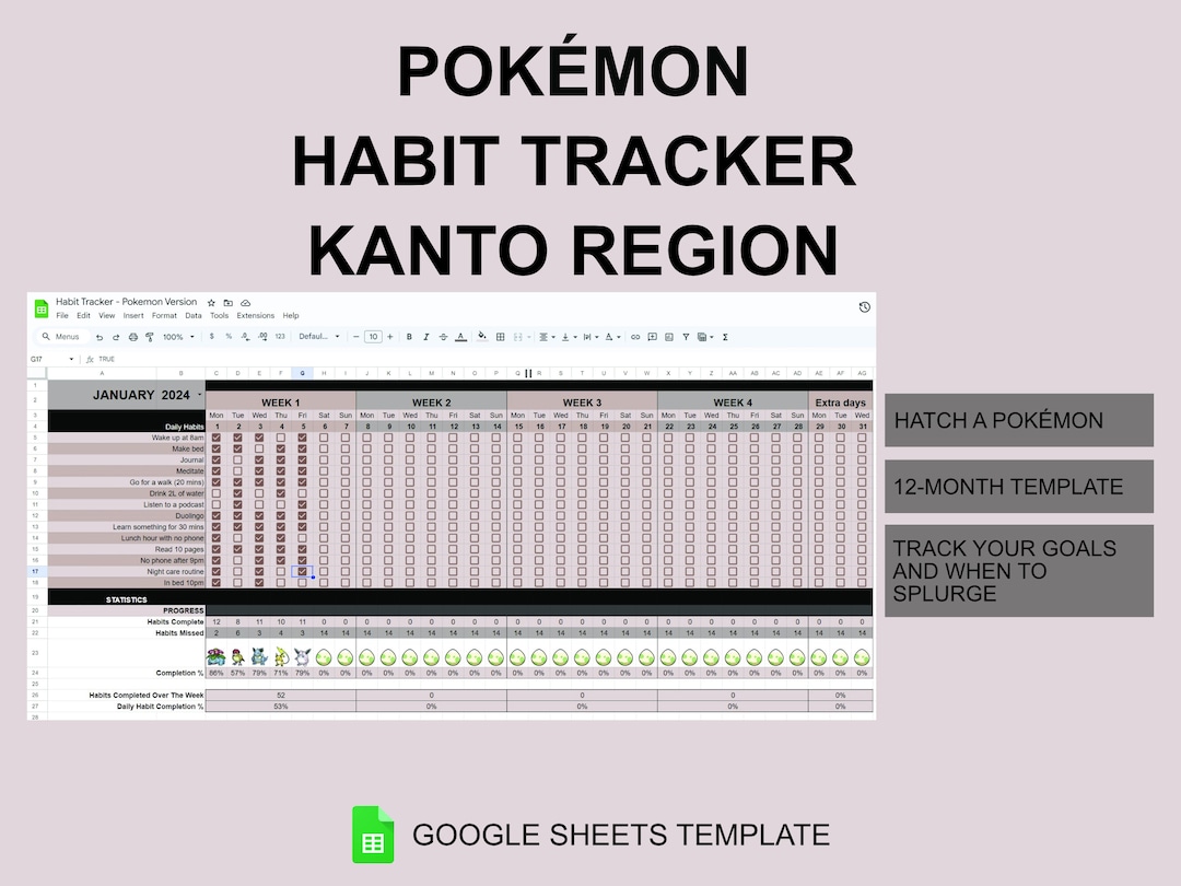 Pokémon Habit Tracker Spreadsheet - Kanto Region / 12-month Google ...