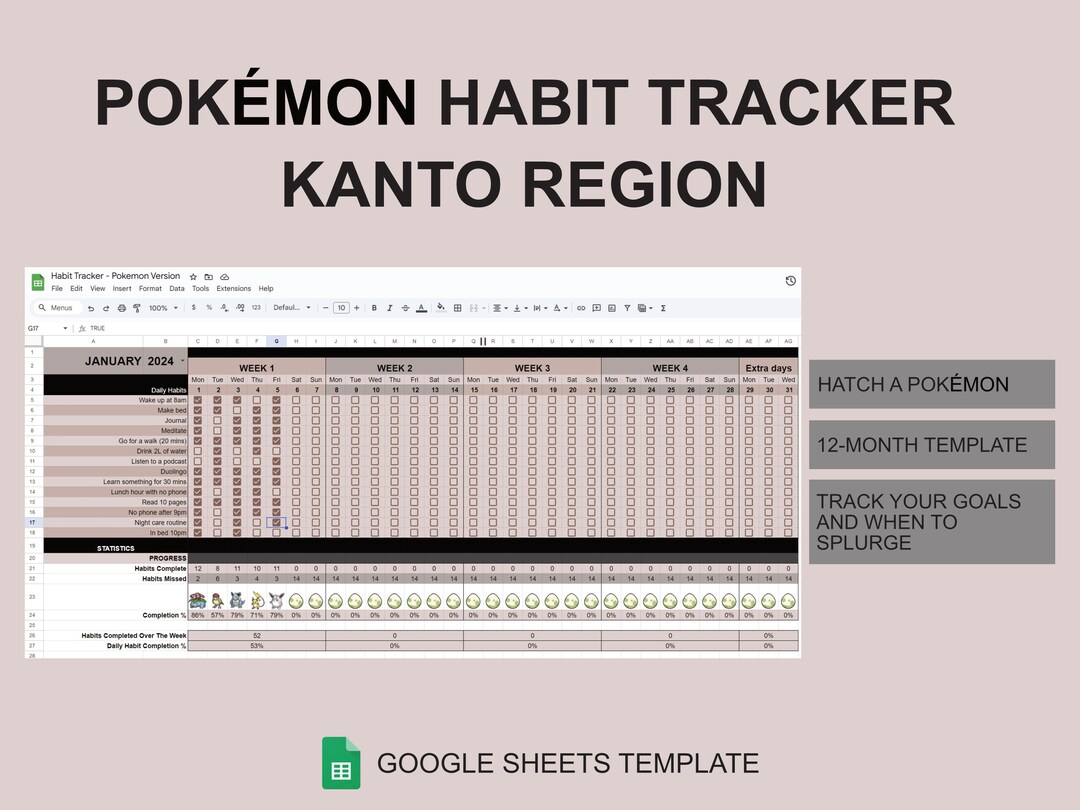Pokémon Habit Tracker Spreadsheet Kanto Region / 12-month - Etsy