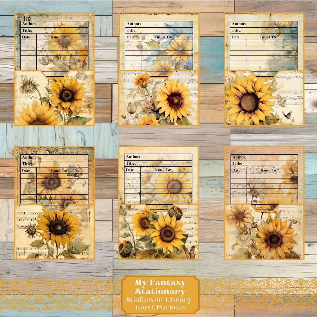 Sunflower Library Pockets & Cards, Loaded Pocket Tags, Floral Ephemera, Junk Journal Pockets ...