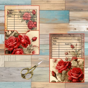 Red Roses Library Pockets & Cards, Loaded Pocket Tags, Floral Ephemera ...
