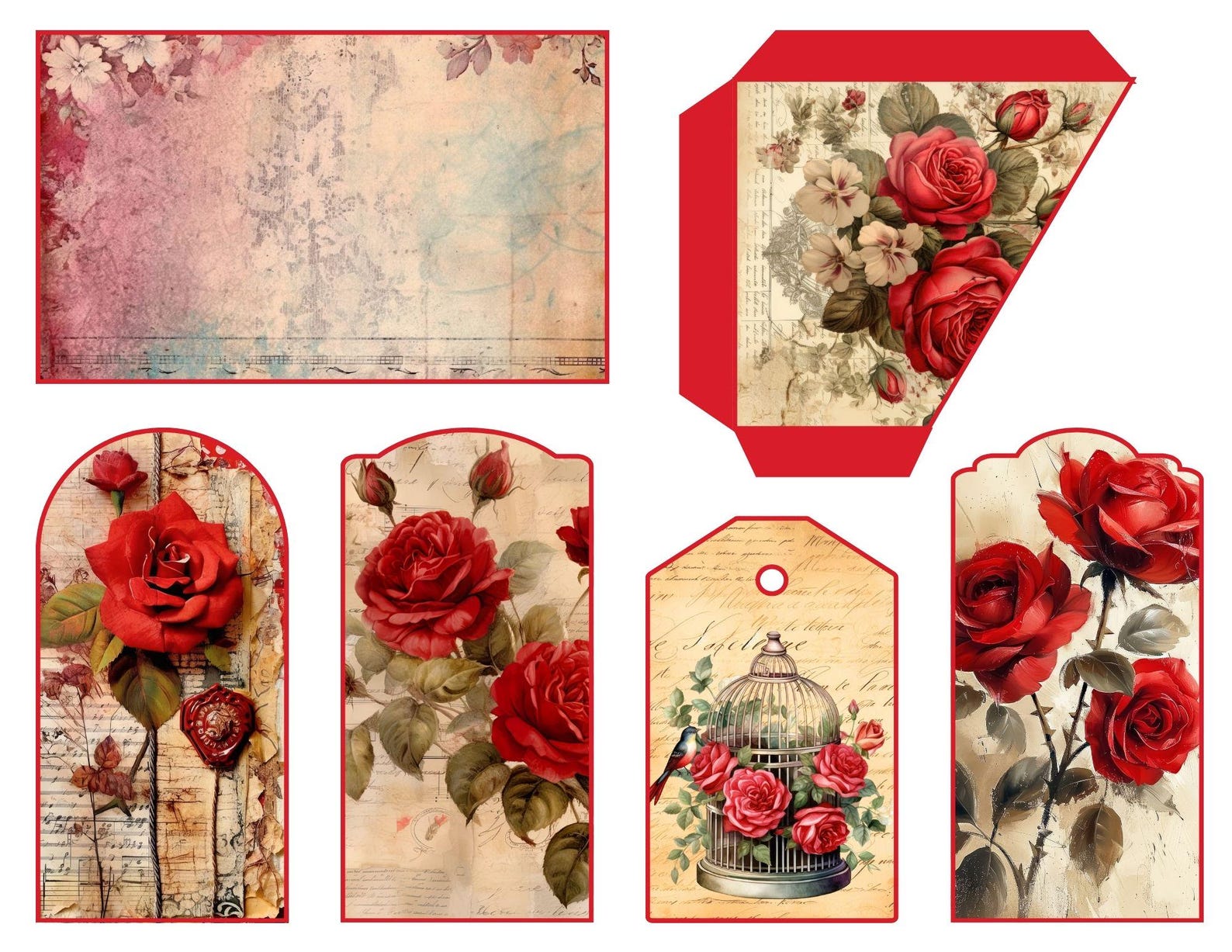Red Roses Printable Pockets and Tags, Loaded Pocket Tags, Junk Journal ...