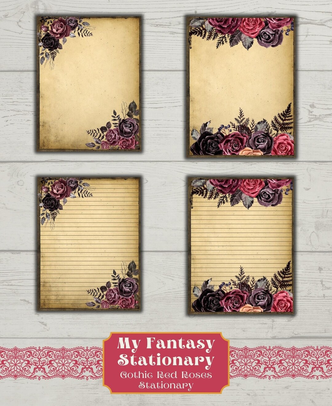Red Roses Printable Stationery, Writer's Gift, Victorian Lined ...