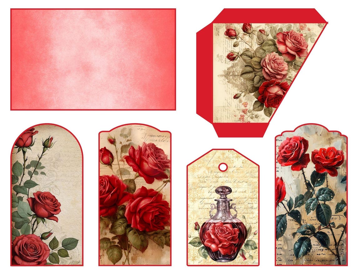 Red Roses Printable Pockets and Tags, Loaded Pocket Tags, Junk Journal ...