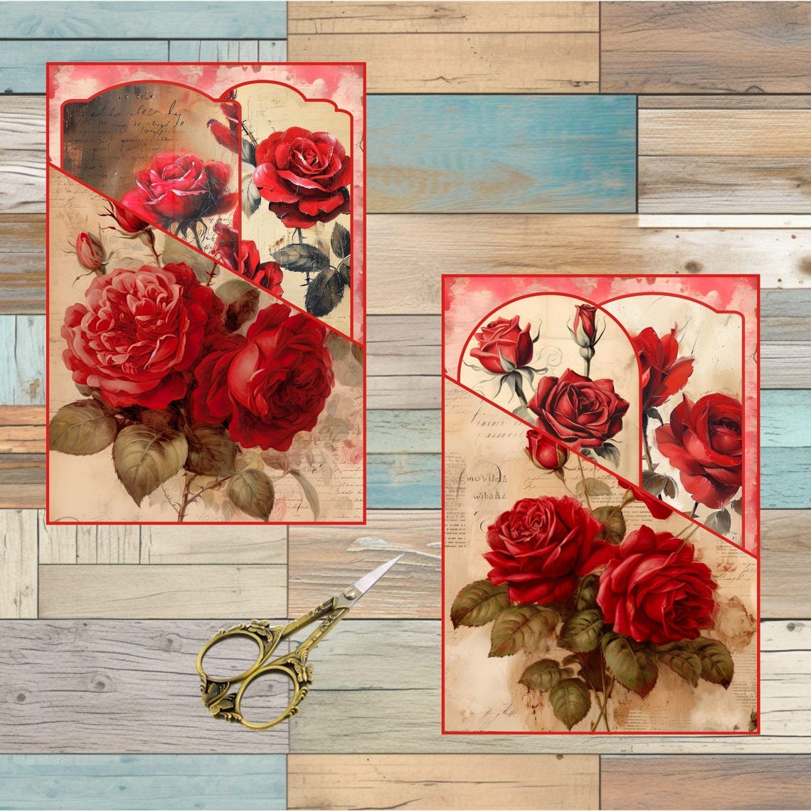 Red Roses Printable Pockets and Tags, Junk Journal Ephemera (digital ...