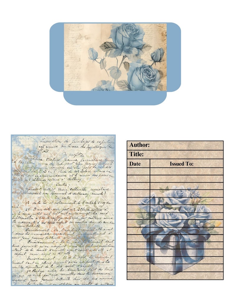Blue Roses Library Pockets & Cards, Loaded Pocket Tags, Floral Ephemera ...
