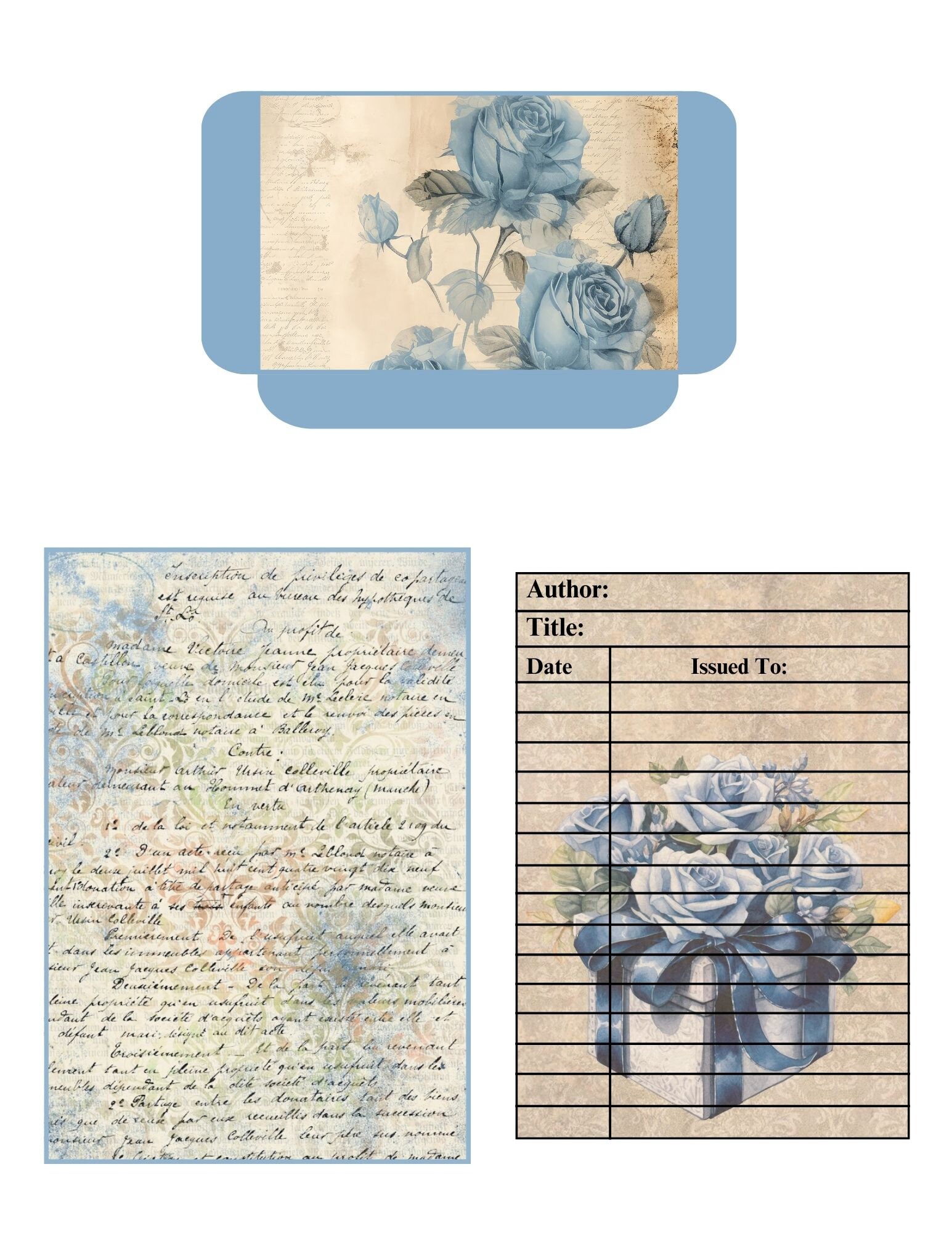 Blue Roses Library Pockets & Cards, Loaded Pocket Tags, Floral Ephemera ...