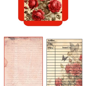 Red Roses Library Pockets & Cards, Loaded Pocket Tags, Floral Ephemera ...