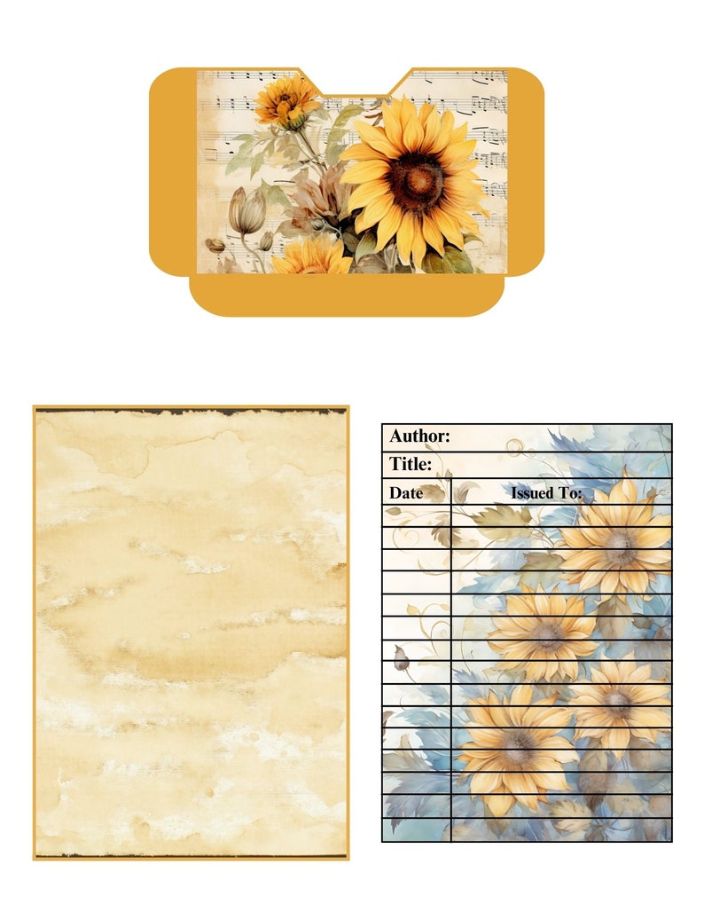 Sunflower Library Pockets & Cards, Loaded Pocket Tags, Floral Ephemera ...