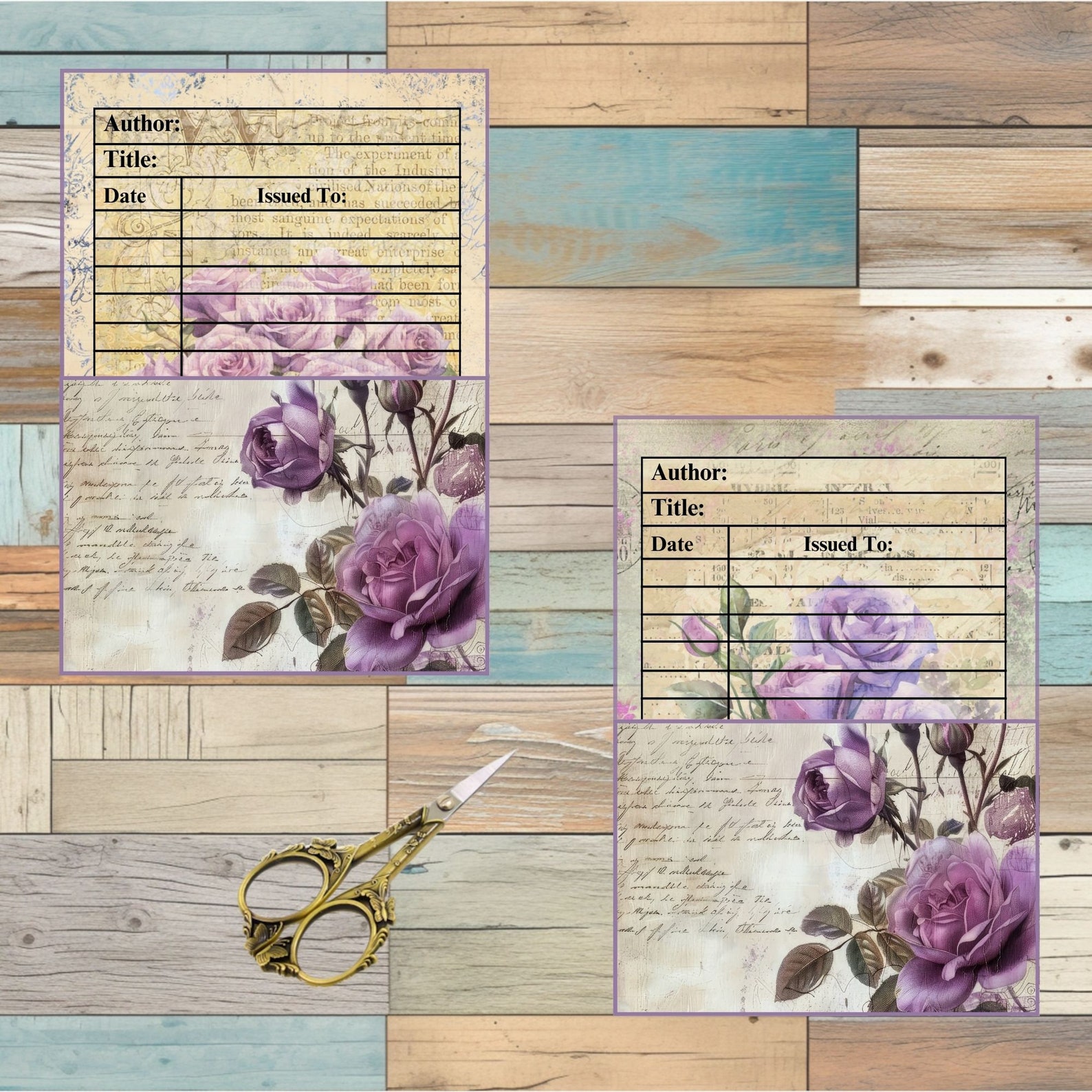 Purple Roses Library Pockets & Cards, Loaded Pocket Tags, Floral ...