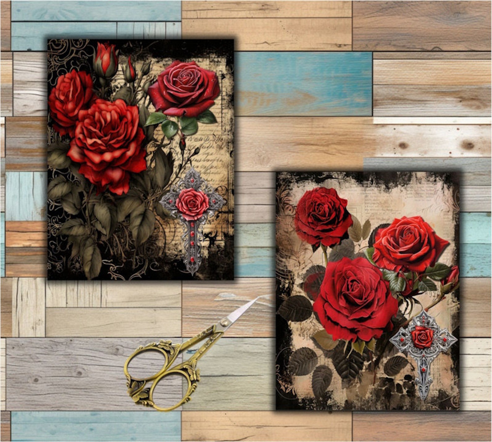 Gothic Red Roses Junk Journal Digital Paper, 6 Digital Journal Pages ...