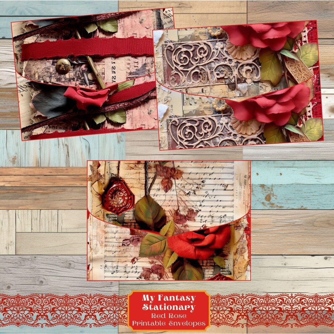 Red Roses Printable Envelopes, Digital Printable Junk Journal, Mail and ...