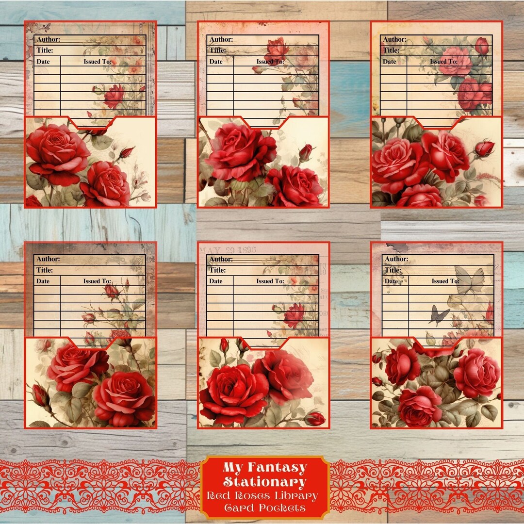 Red Roses Library Pockets & Cards, Loaded Pocket Tags, Floral Ephemera ...