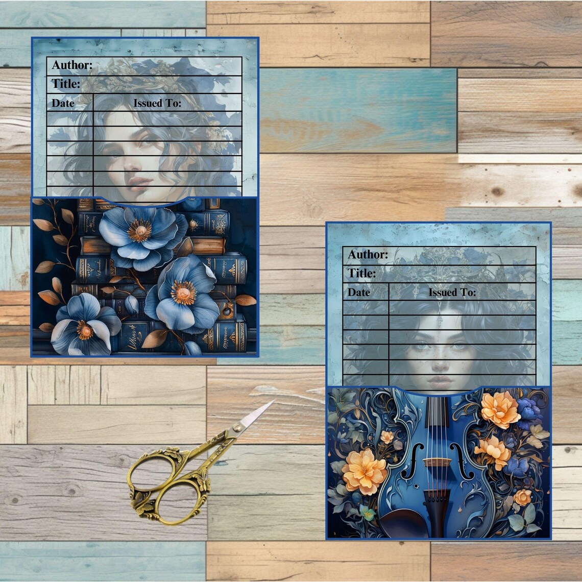 Blue Fantasy Library Pockets & Cards, Loaded Pocket Tags, Floral ...