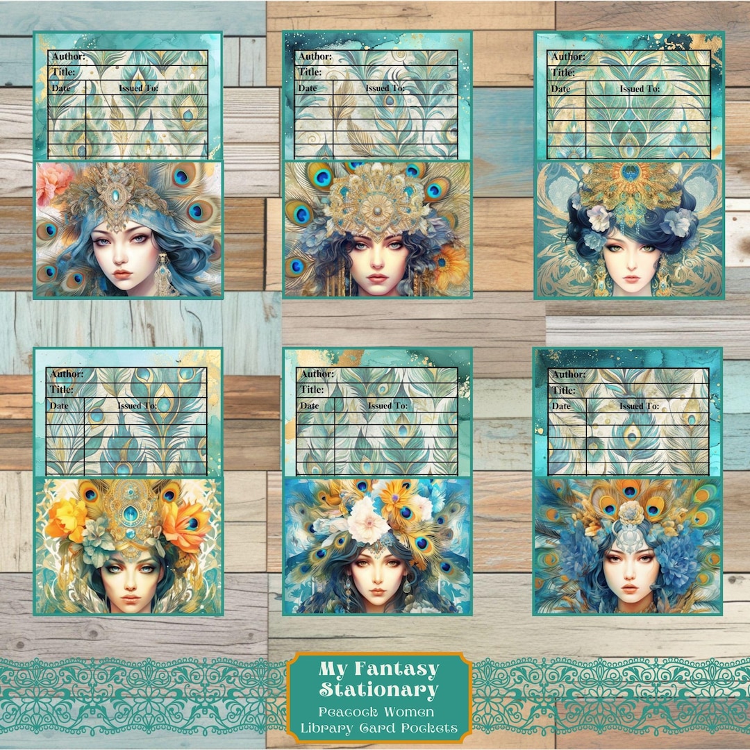 Peacock Women Library Pockets & Cards, Loaded Pocket Tag, Floral ...