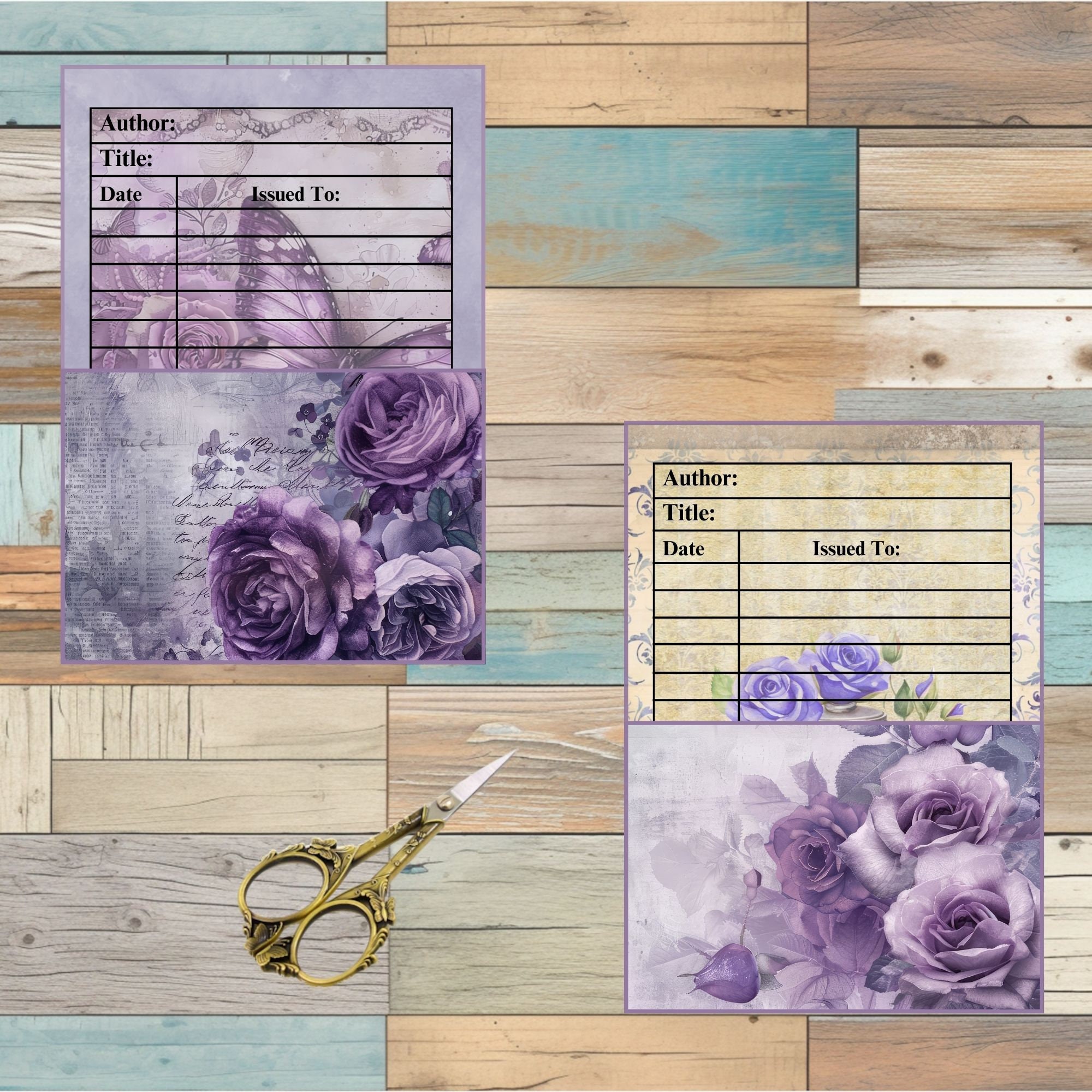 Purple Roses Library Pockets & Cards, Loaded Pocket Tags, Floral ...