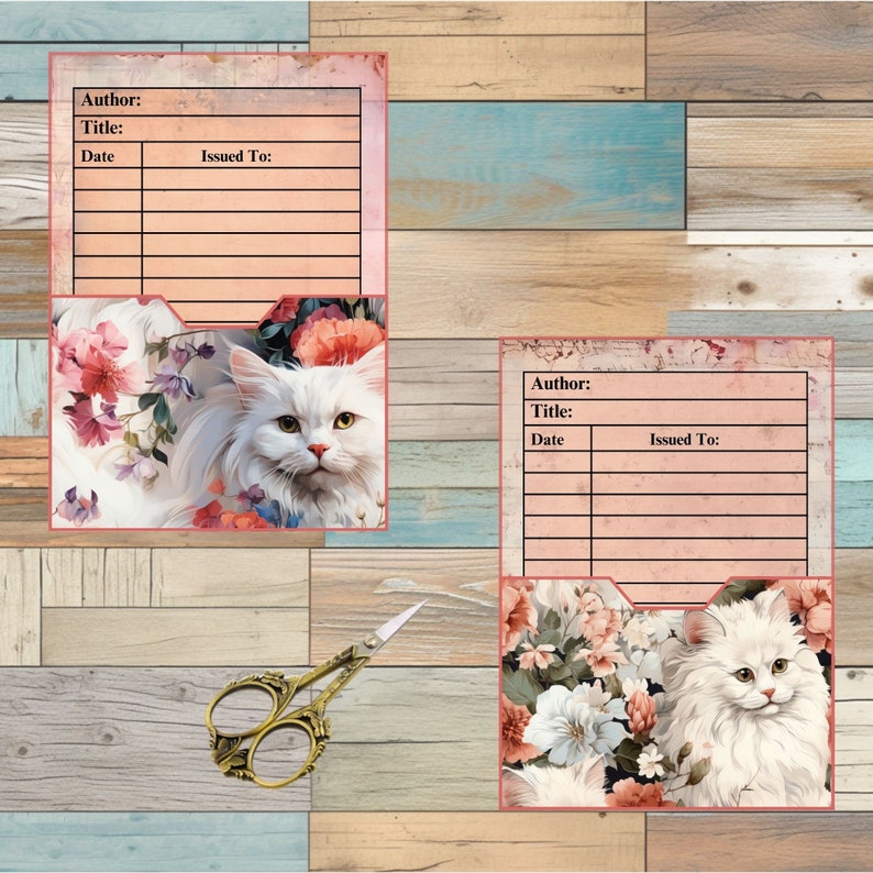 Persian Cat Library Pockets & Cards, Loaded Pocket Tags, Cat Ephemera, Junk Journal Pockets, Cat ...