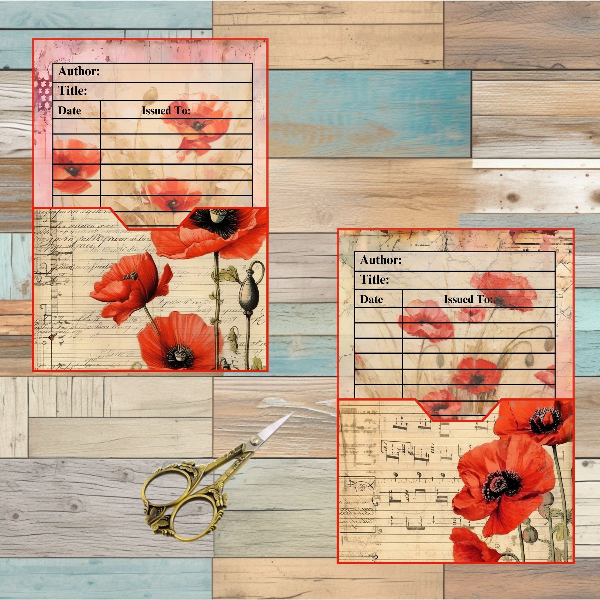 Poppy Library Pockets & Cards, Loaded Pocket Tags, Floral Ephemera ...