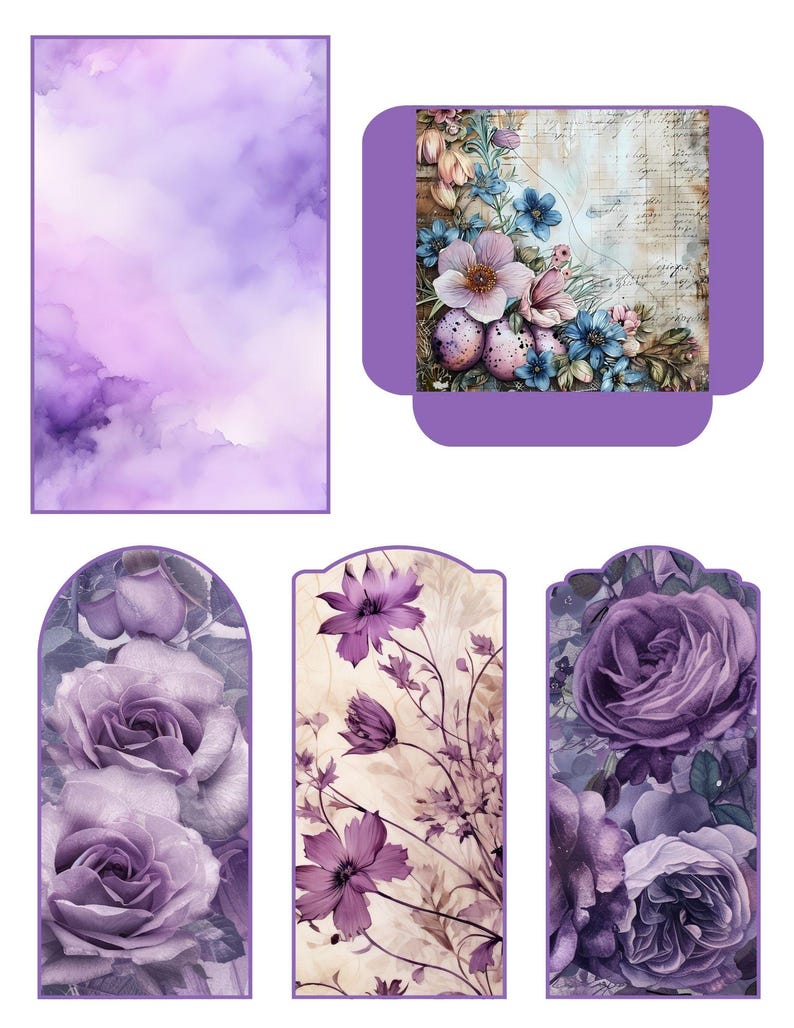 Purple Flower Printable Pockets and Tags, Junk Journal Ephemera (PDF ...