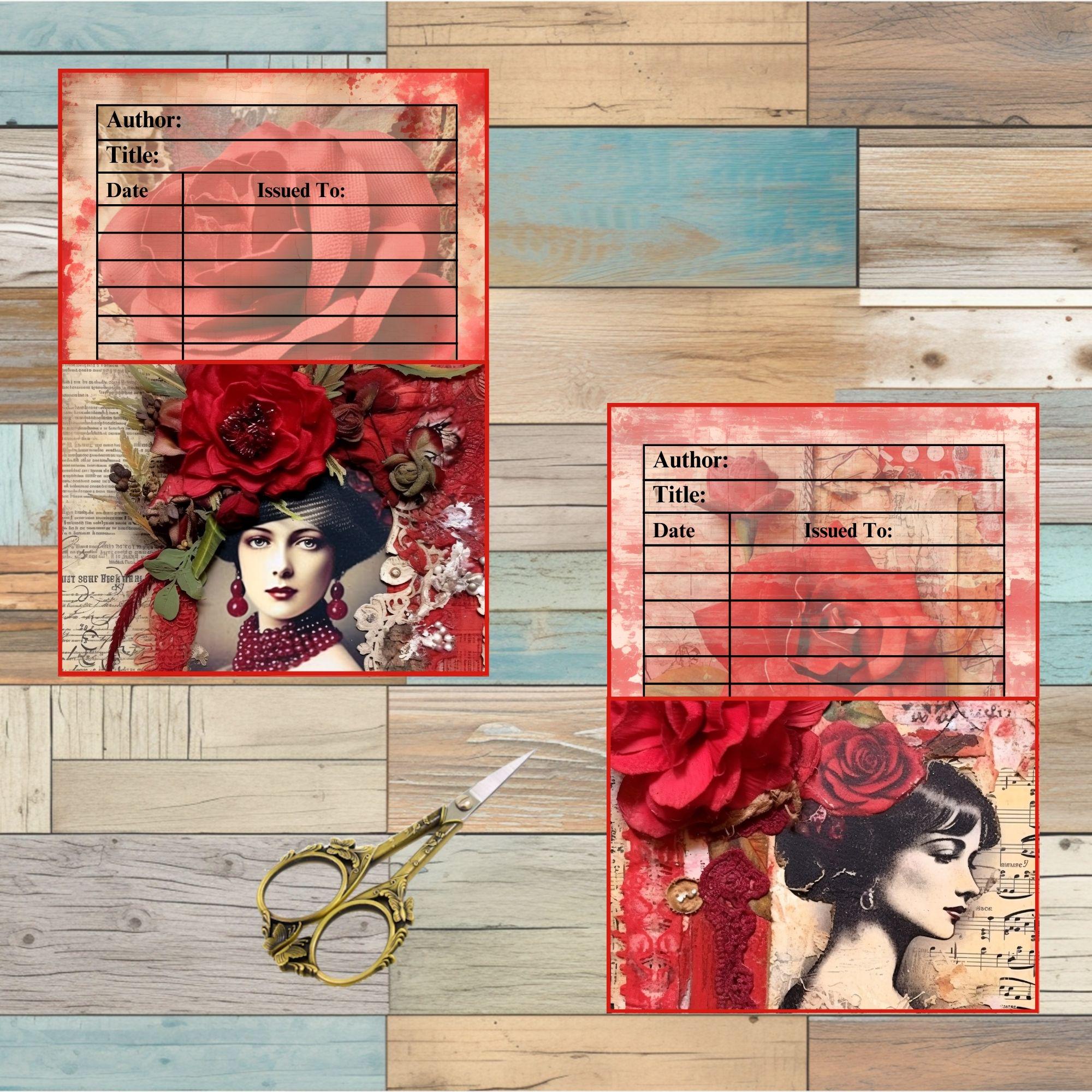 Red Rose Women Library Pocket Cards, Floral Junk Journal Embellishments ...
