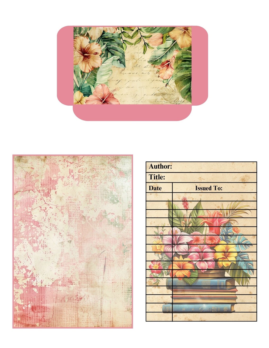 Tropical Flowers Library Pockets & Cards, Loaded Pocket Tags, Floral ...