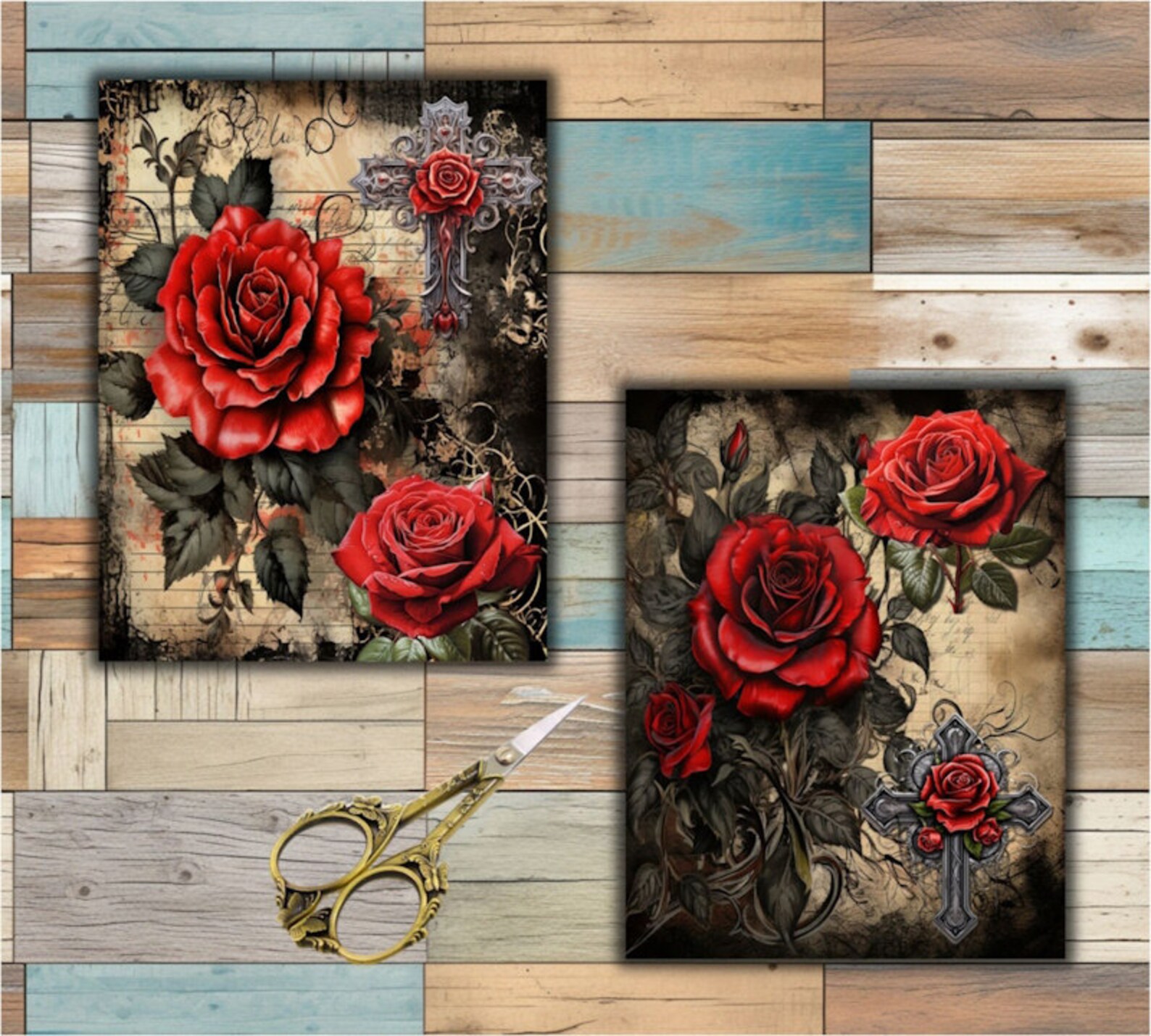 Gothic Red Roses Junk Journal Digital Paper, 6 Digital Journal Pages ...
