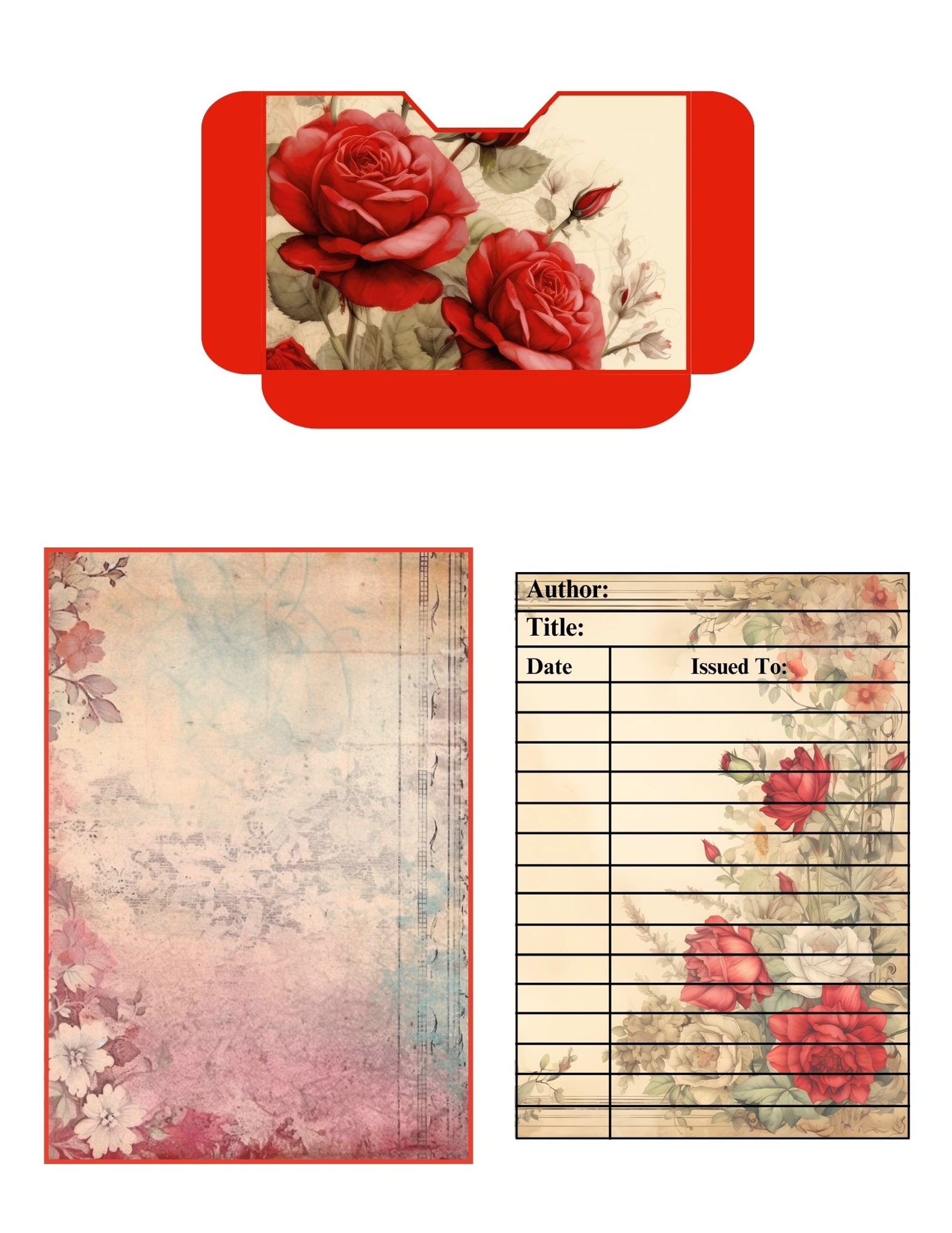 Red Roses Library Pockets & Cards, Loaded Pocket Tags, Floral Ephemera ...
