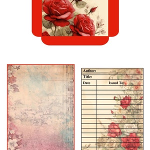 Red Roses Library Pockets & Cards, Loaded Pocket Tags, Floral Ephemera ...