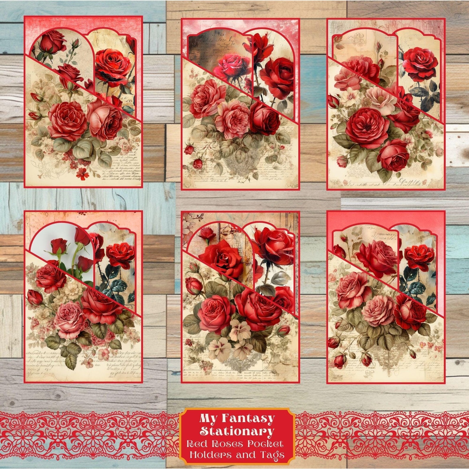 Red Roses Printable Pockets and Tags, Loaded Pocket Tags, Junk Journal ...