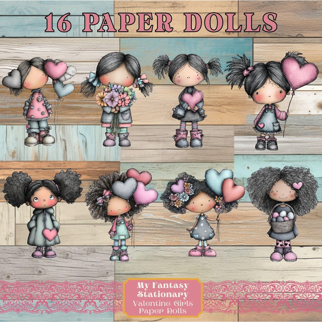 Valentine Girls Paper Dolls, Ephemera Cutouts, Scrapbooking Clipart ...