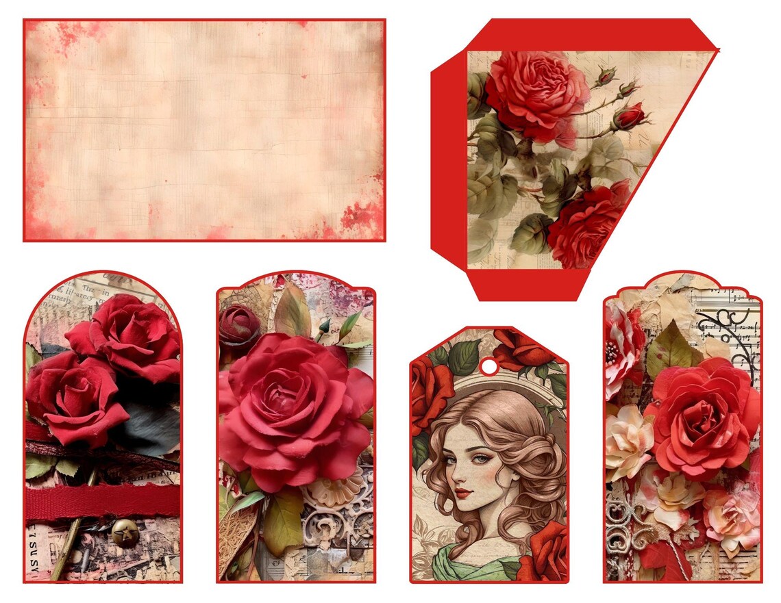 Red Roses Printable Pockets and Tags, Junk Journal Ephemera (digital ...