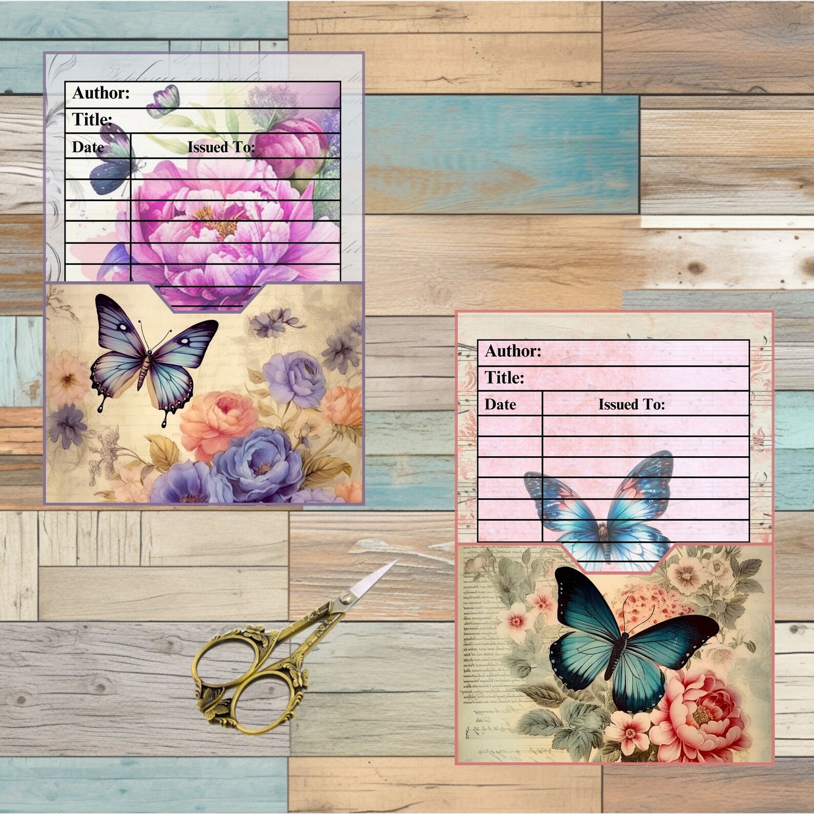 Butterfly Library Pockets & Cards, Loaded Pocket Tags, Floral Ephemera ...