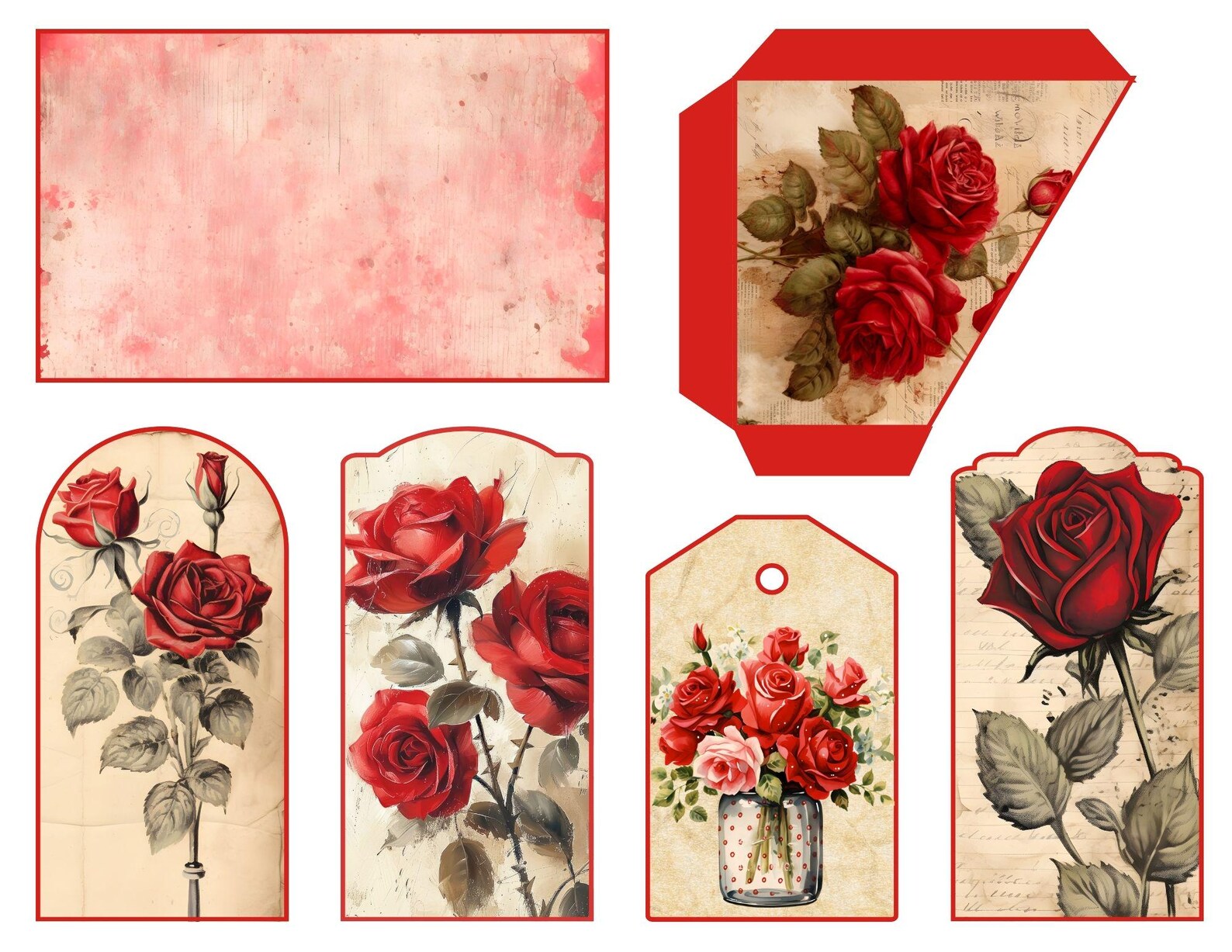 Red Roses Printable Pockets and Tags, Junk Journal Ephemera (digital ...