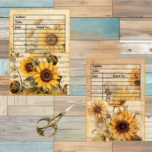 Sunflower Library Pockets & Cards, Loaded Pocket Tags, Floral Ephemera ...
