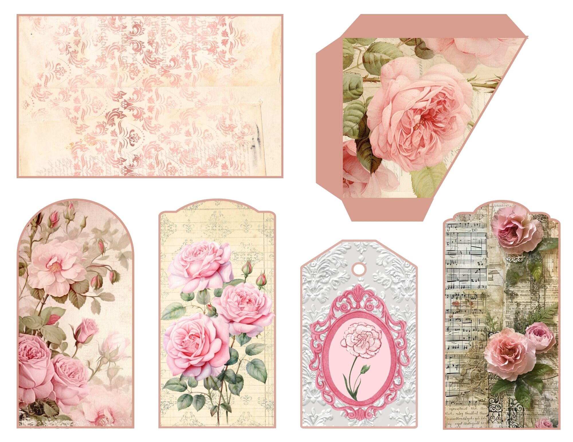 Pink Roses Printable Pockets and Tags, Junk Journal Ephemera, Loaded ...