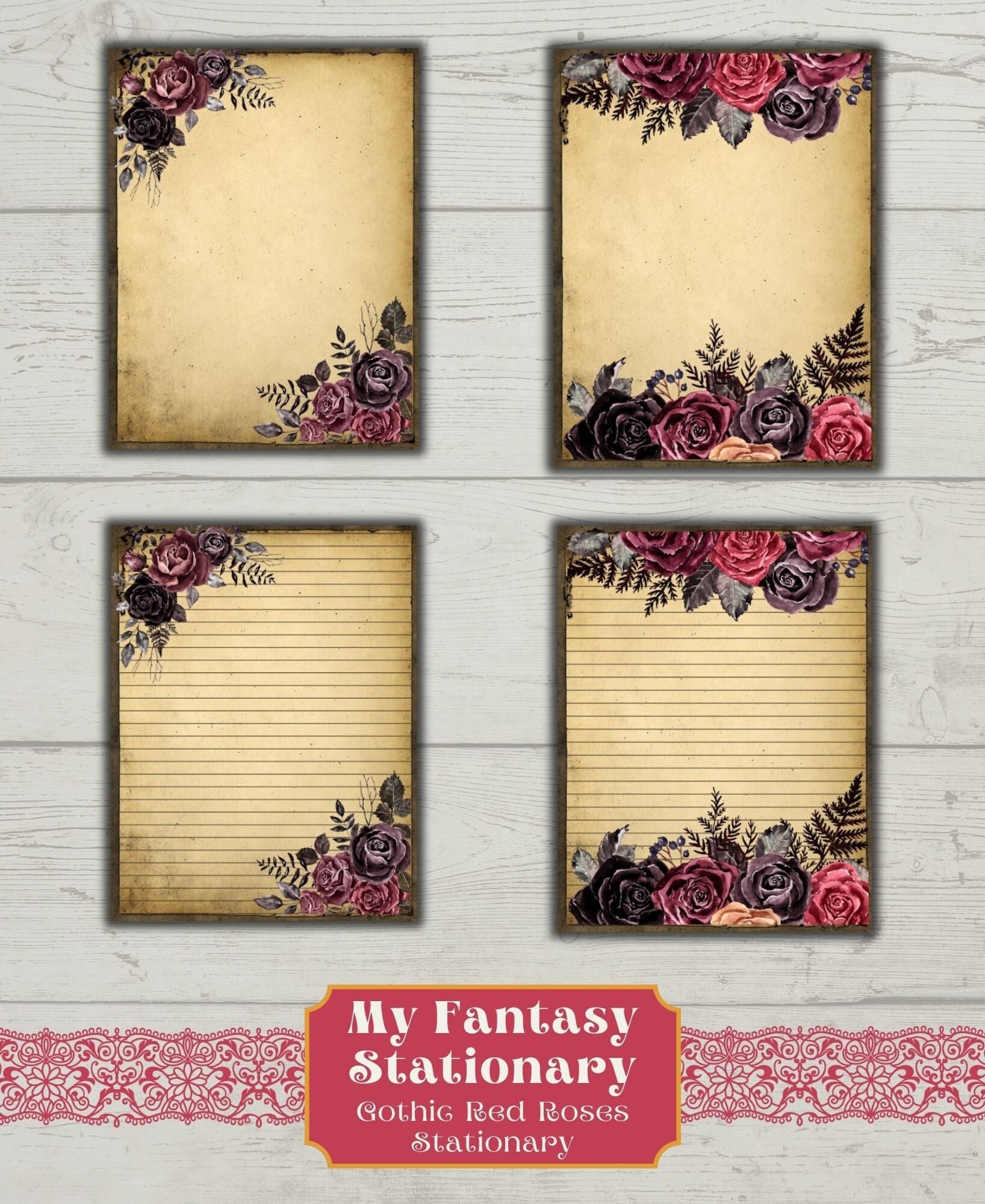 Red Rose Gothic Stationery, Vintage Lined Journal Pages (PDF Pattern ...