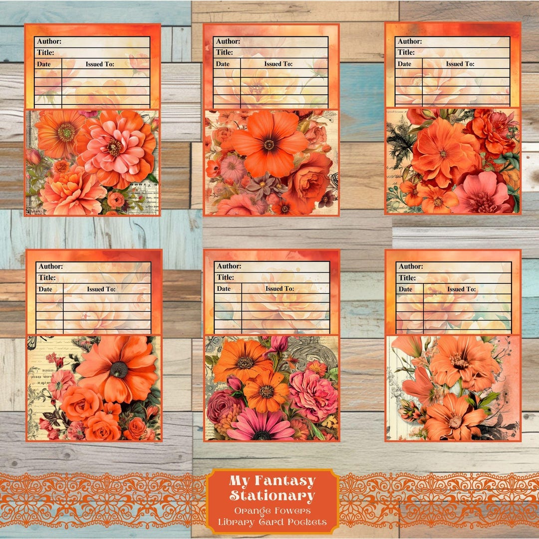 Orange Flowers Library Pocket & Cards, Loaded Pocket Tags, Vintage ...