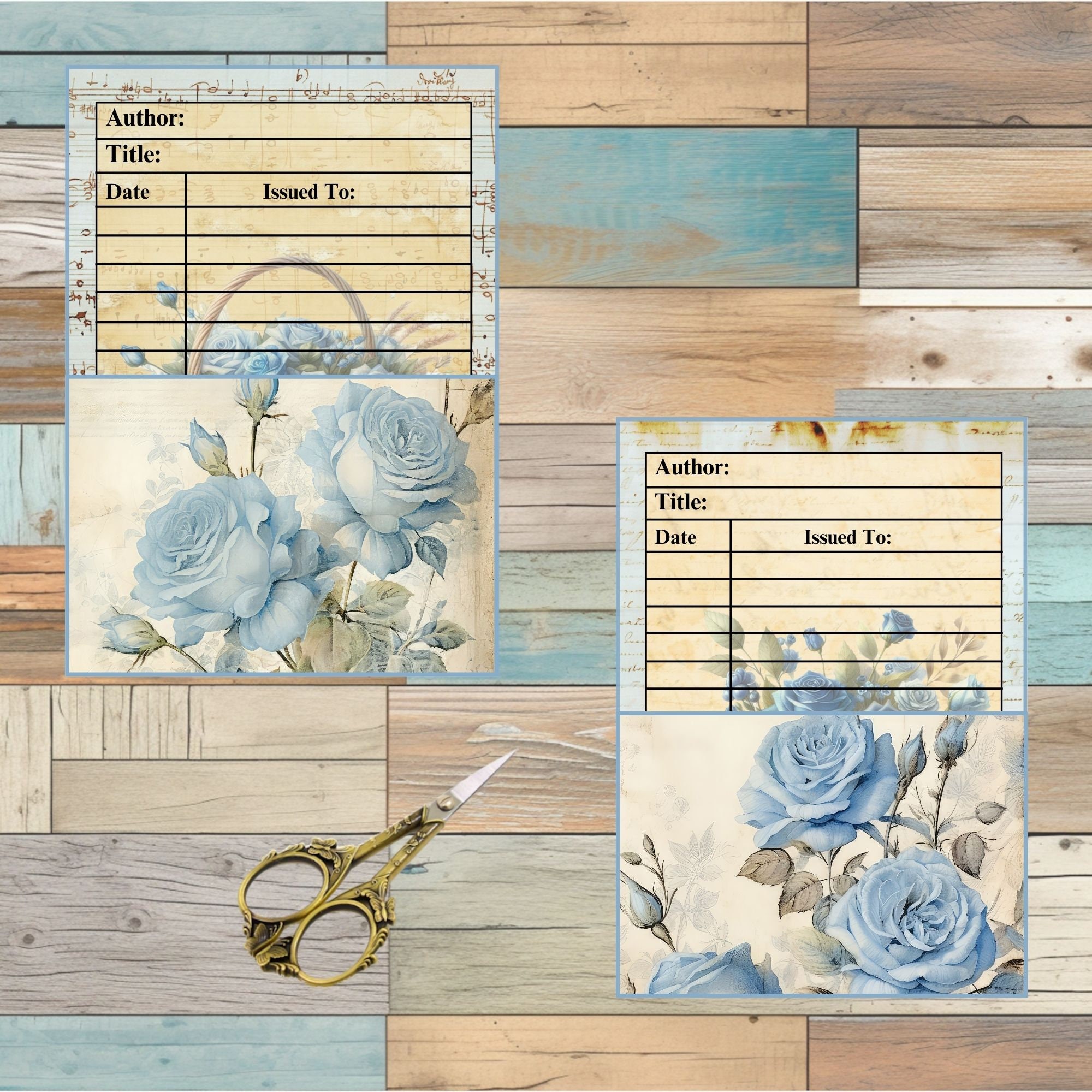 Blue Roses Library Pockets & Cards, Loaded Pocket Tags, Floral Ephemera ...