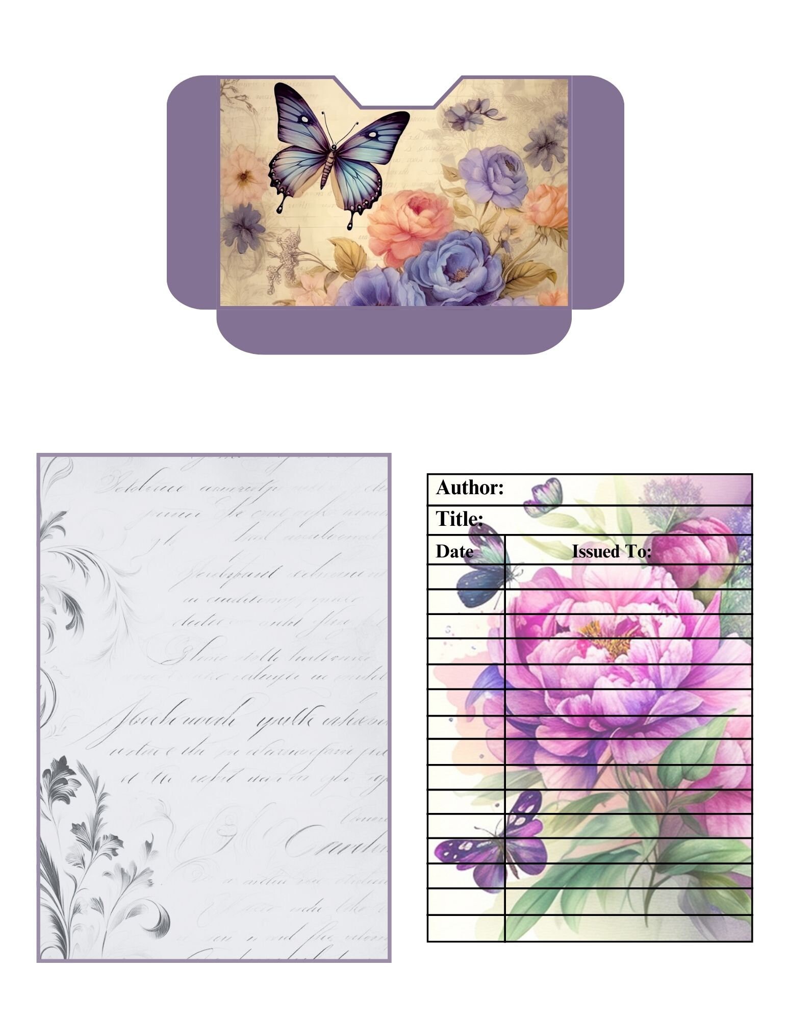 Butterfly Library Pockets & Cards, Loaded Pocket Tags, Floral Ephemera ...