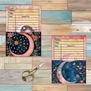 Pink Celestial Moon Library Pockets & Cards, Loaded Pocket Tag, Floral ...