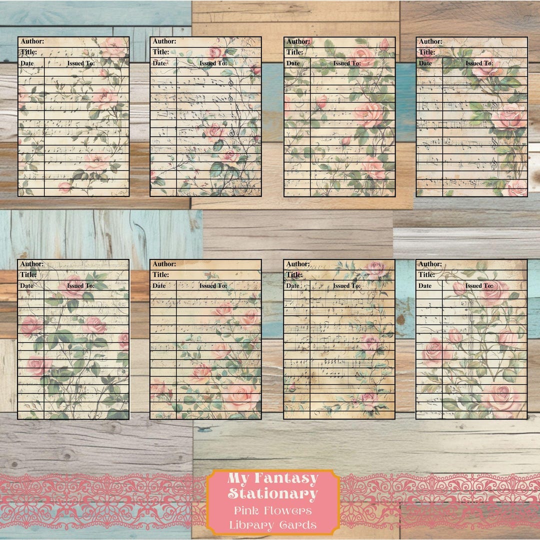 Pink Flowers Library Cards, Vintage Library Cards, Vintage Ephemera ...
