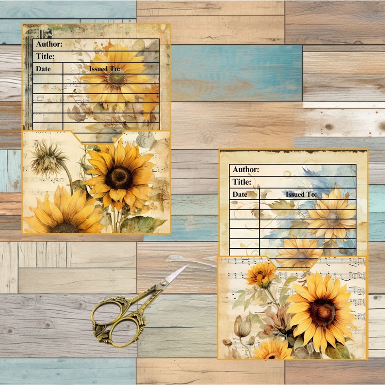 Sunflower Library Pockets & Cards, Loaded Pocket Tags, Floral Ephemera ...