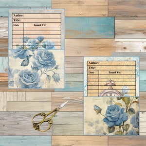 Blue Roses Library Pockets & Cards, Loaded Pocket Tags, Floral Ephemera ...